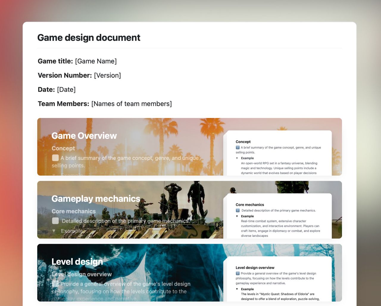 Game design document template | Free Template | Craft