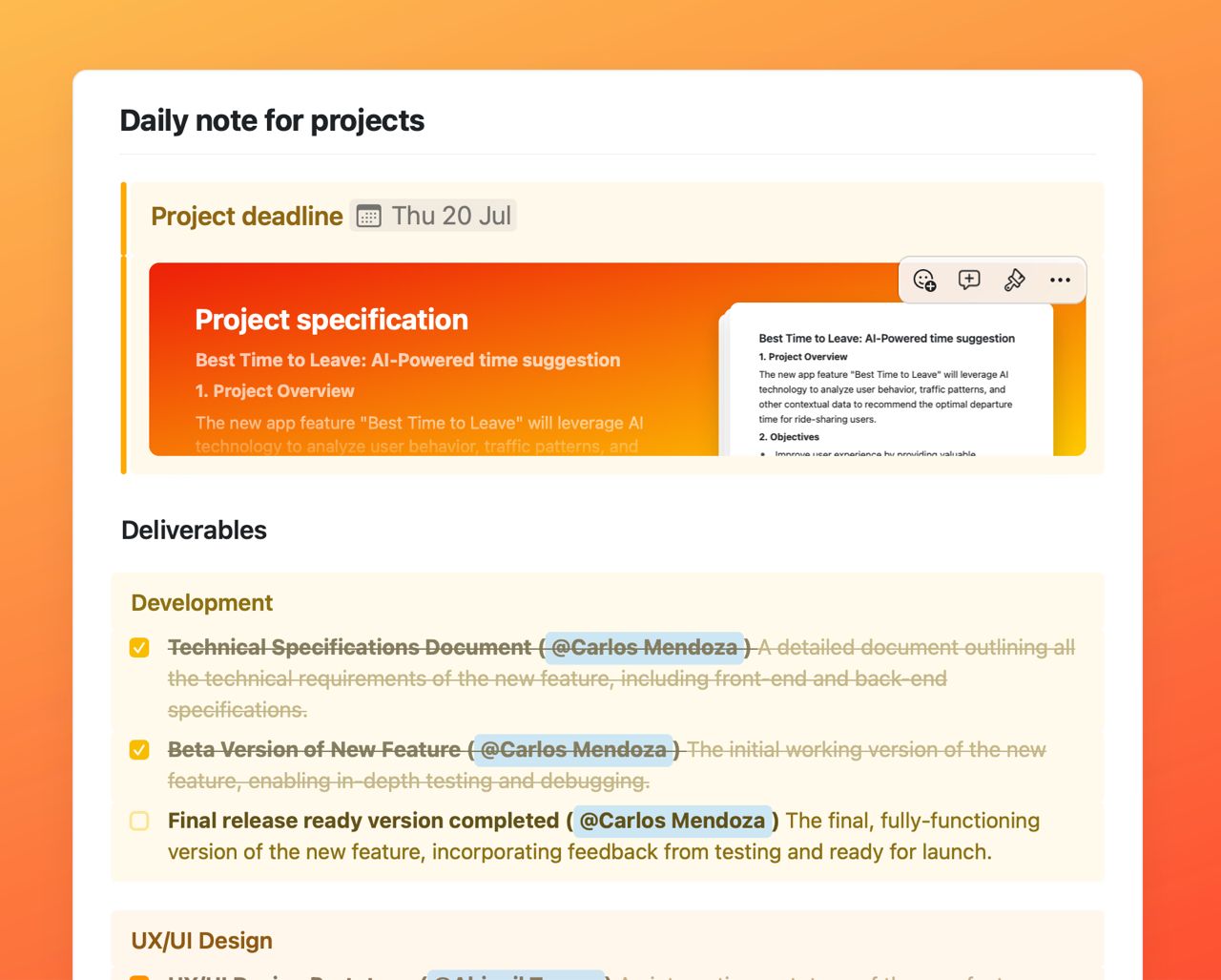 Project management daily note | Free Template | Craft
