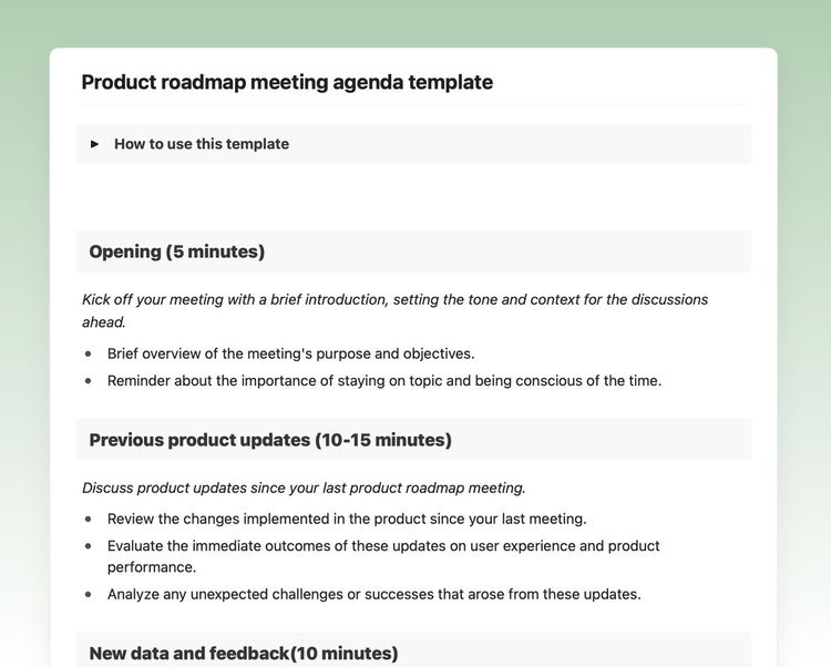 Product roadmap meeting agenda | Free Craft Template