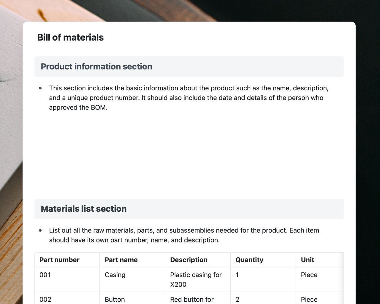 Bill of materials | Free Template | Craft
