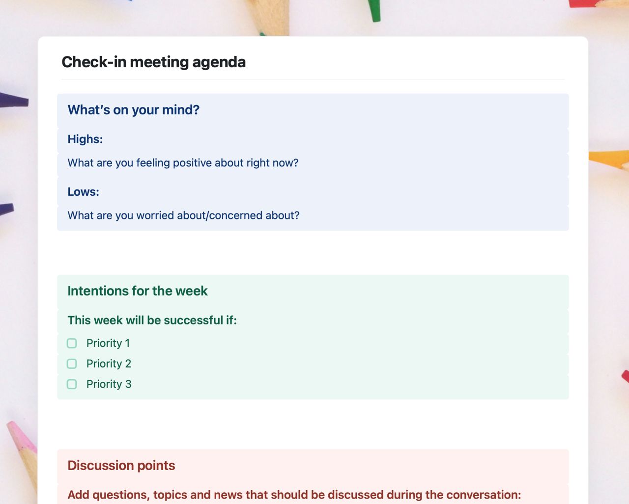 Check-in meeting agenda | Free Template | Craft