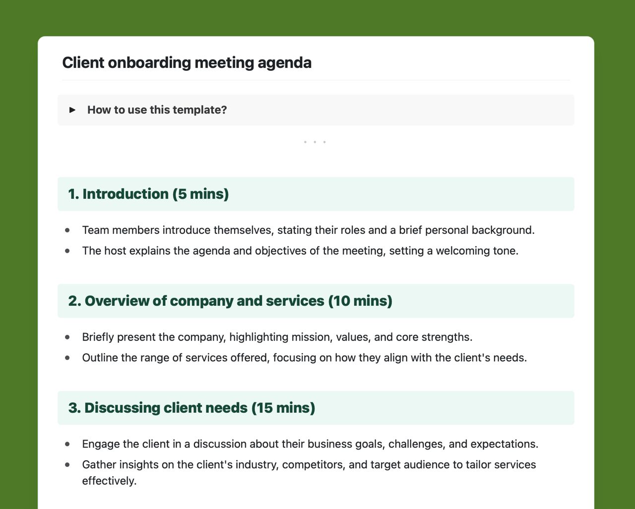 Client onboarding meeting agenda | Free Template | Craft