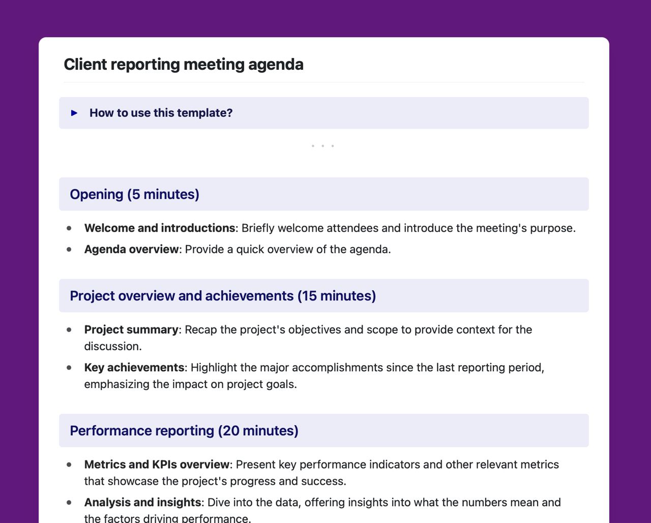 Client reporting meeting agenda | Free Template | Craft