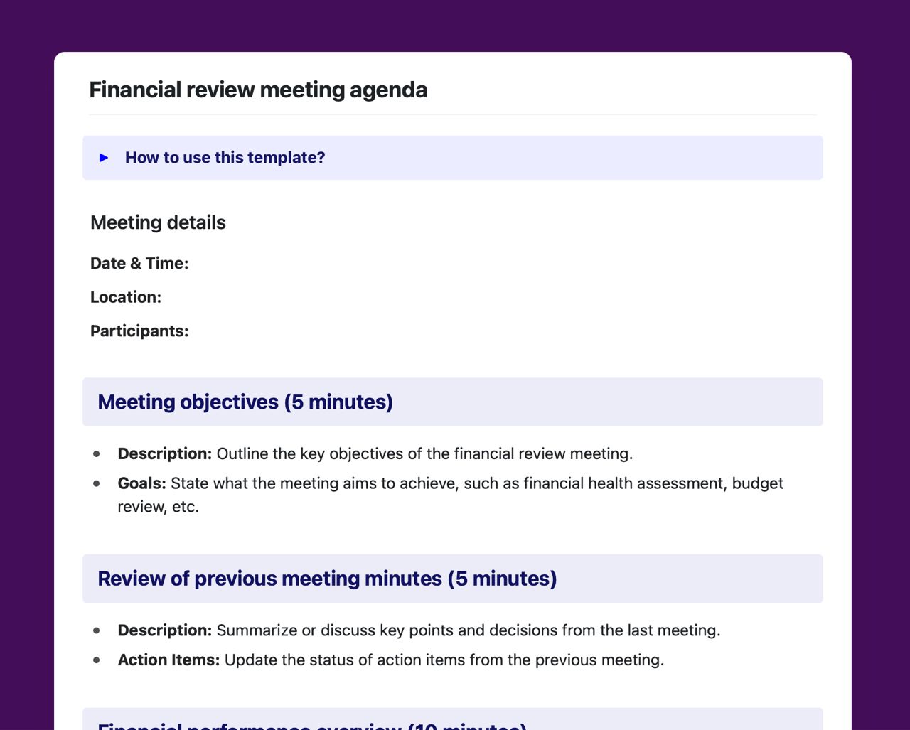 Financial review meeting agenda | Free Template | Craft