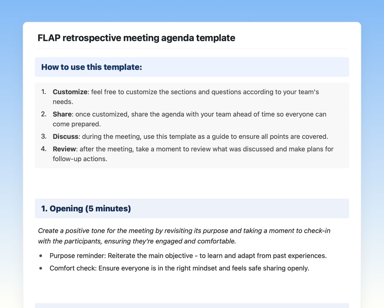 FLAP retrospective meeting agenda | Free Template | Craft