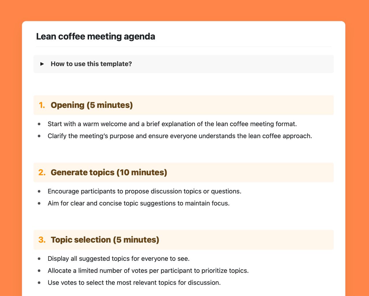 Lean coffee meeting agenda | Free Template | Craft