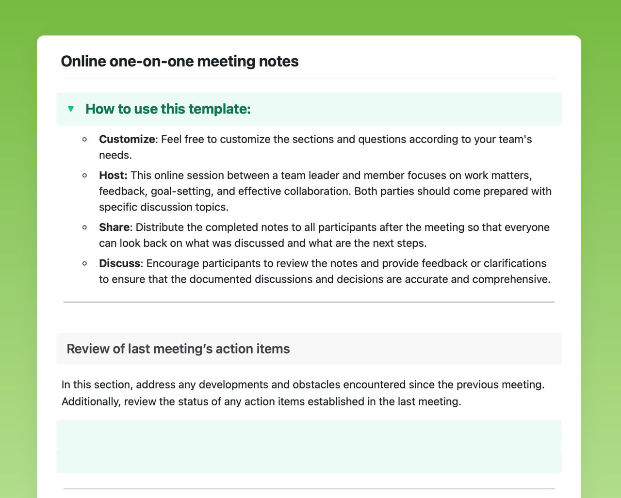 Online one-on-one meeting notes | Free Template | Craft