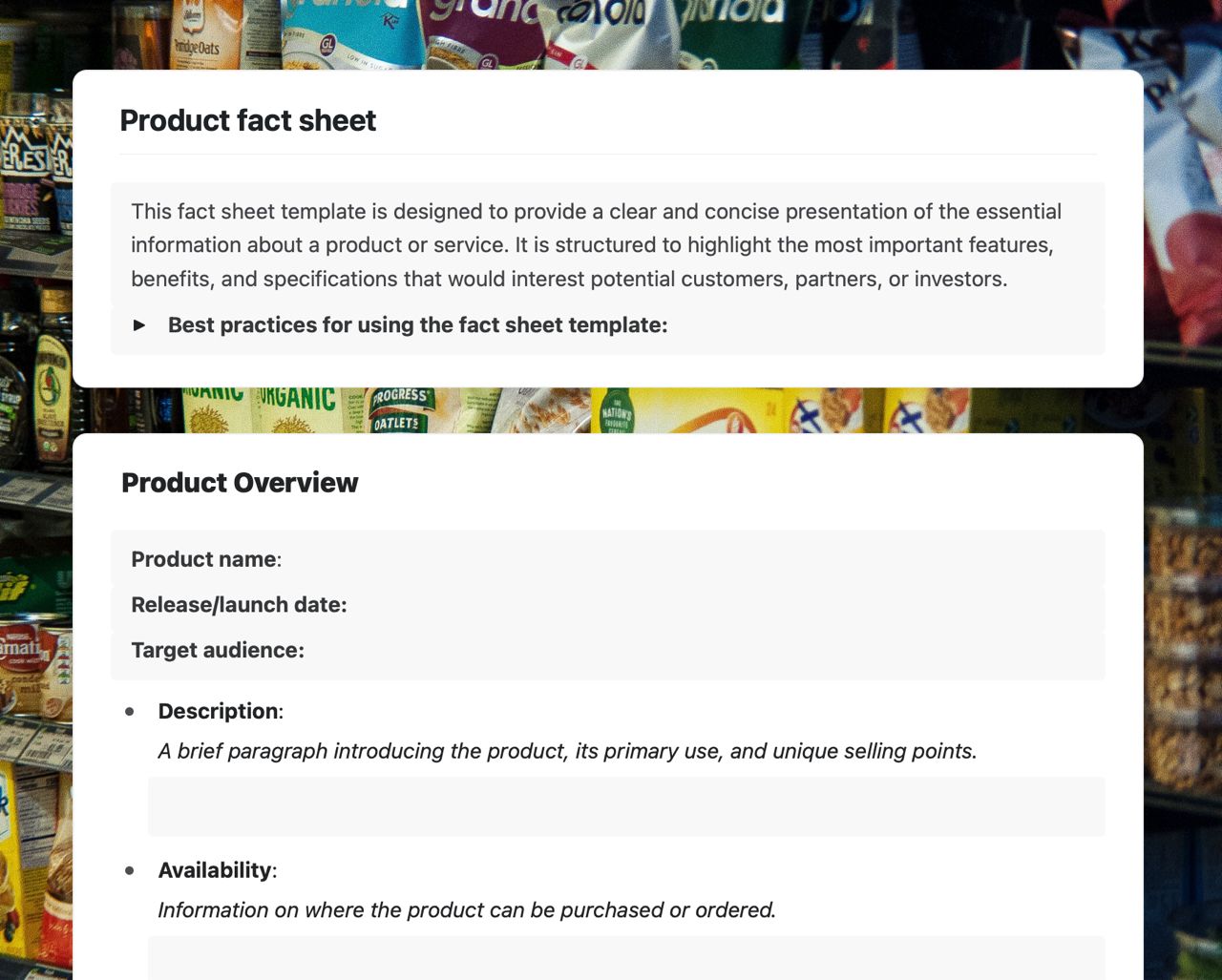 Product fact sheet | Free Template | Craft