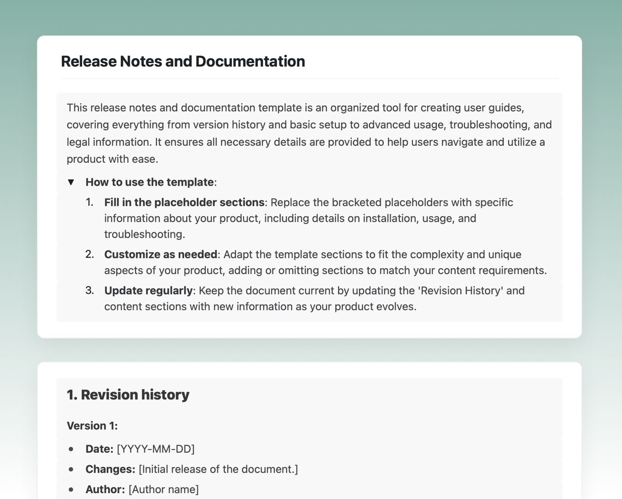 Release notes and documentation | Free Template | Craft