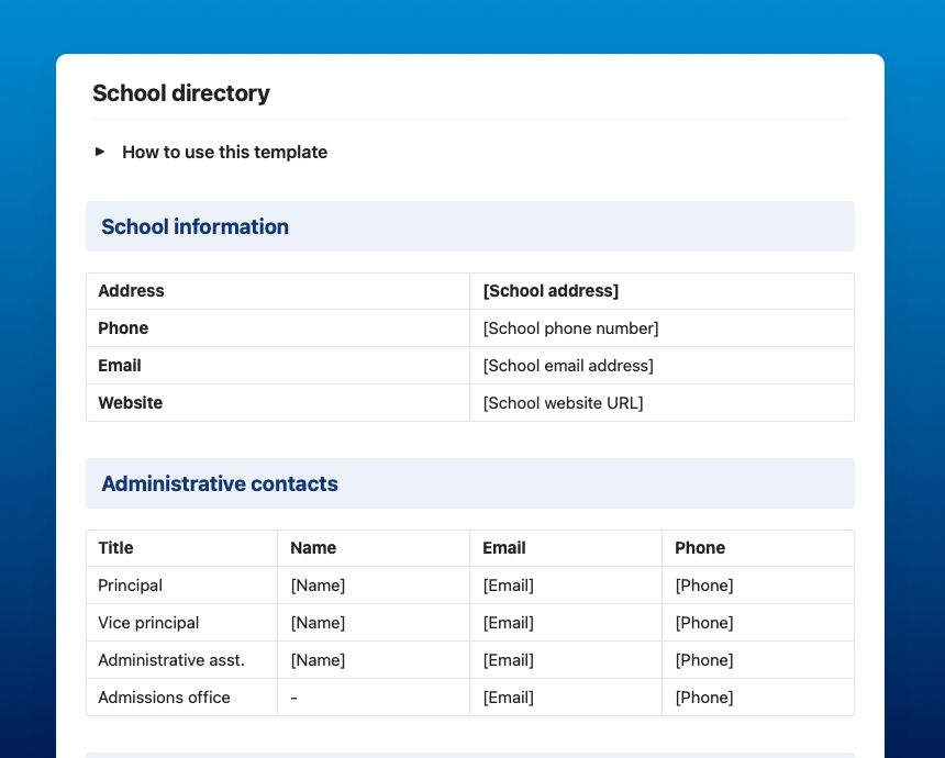 School directory | Free Template | Craft
