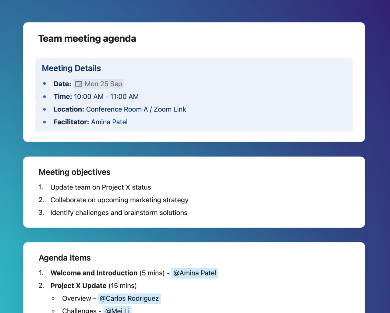 Team meeting agenda | Free Template | Craft