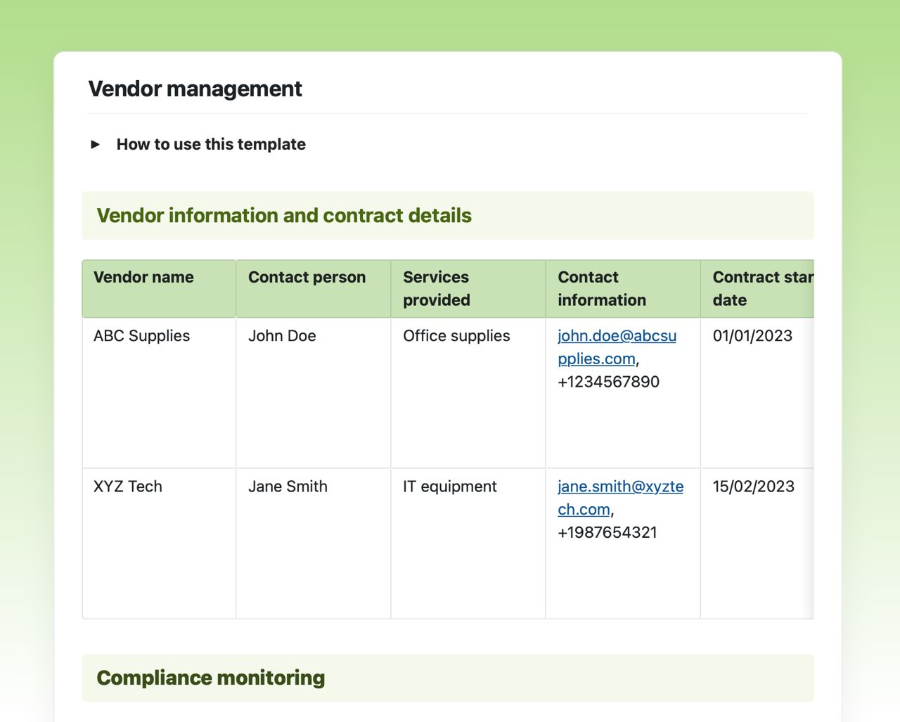 Vendor management | Free Template | Craft