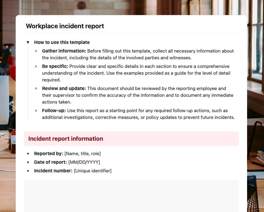 Incident Report At Workplace Template